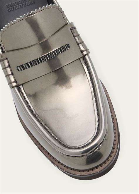 Brunello Cucinelli Metallic Leather Monili Penny Loafers Bergdorf Goodman
