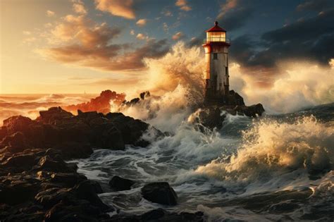 Premium Ai Image Coastal Lighthouse With Crashing Waves Generative Ai