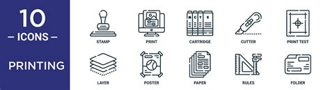 인쇄 개요 아이콘 세트에는 얇은 줄 스탬프 카트리지 인쇄 테스트 포스터 규칙 폴더 보고서 프리젠 테이션 다이어그램 웹 디자인을