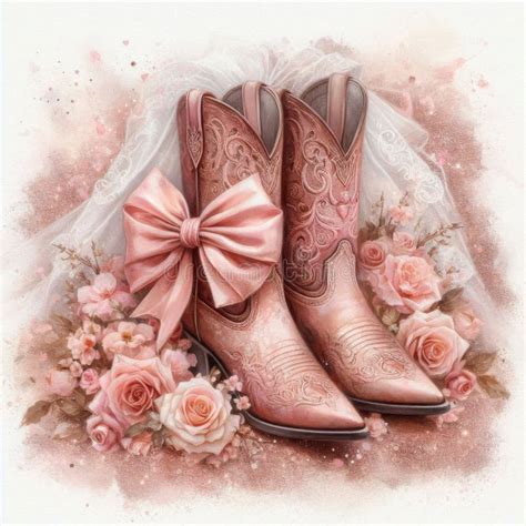 Watercolor Rose Gold Cowgirl Boots Decorated Blush Pink Roses And