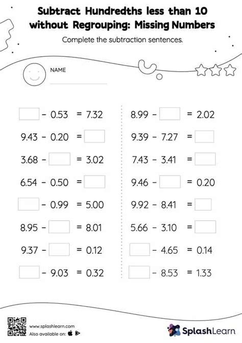 Subtract Hundredths Less Than 10 Without Regrouping Missing Numbers Worksheet Printable Maths