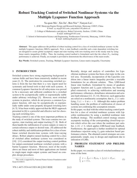 Pdf Robust Tracking Control Of Switched Nonlinear Systems Via The