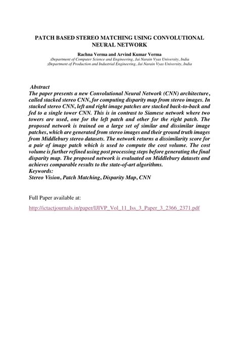 Pdf Patch Based Stereo Matching Using Convolutional Neural Network