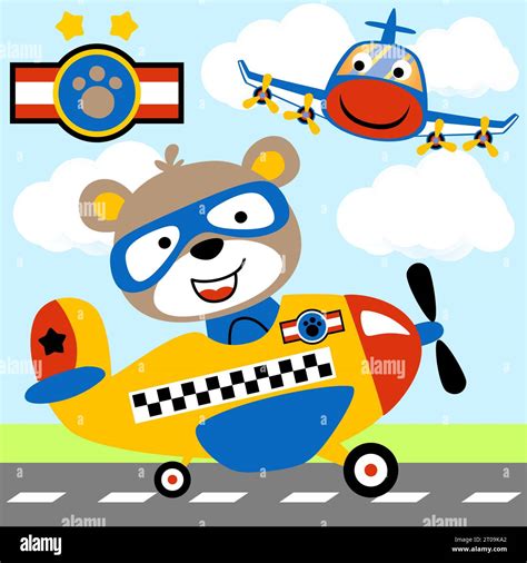 Cute Bear On Airplane Smiling Plane Flying Airport Runway Vector