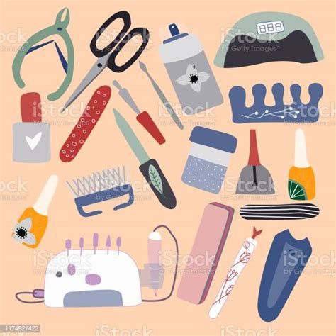 매니큐어 페디큐어 장비 벡터 개념 손톱 가위 폴란드어 네일 드릴 기계 네일 스튜디오 살롱을위한 플랫 컬렉션 스파용 뷰티 배너입니다 벡터 일러스트레이션 0명에 대한 스톡 벡터
