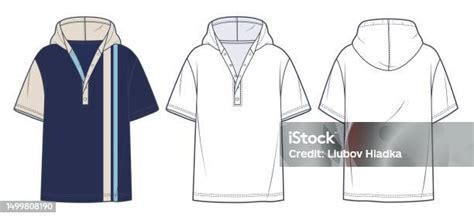 후드 티셔츠 테크니컬 패션 일러스트레이션 짧은 소매 까마귀 패션 플랫 기술 도면 템플릿 버튼 클로저 전면 및 후면보기 흰색 파란색 여성 남성 남녀 공용 Cad 모형 세트 0