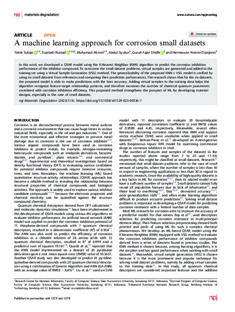 Pdf A Machine Learning Approach For Corrosion Small Datasets
