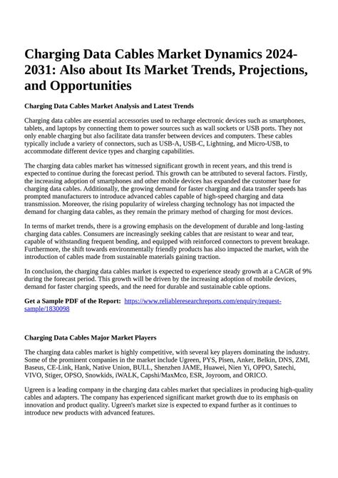 Reportprime Charging Data Cables Market Dynamics 2024 2031 Also