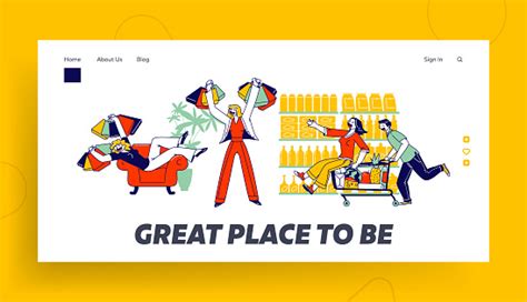 쇼핑 중독자 문자 방문 페이지 템플릿입니다 쾌활한 여자는 구매와 쇼핑 백을 개최 슈퍼마켓 승마 트롤리에 커플 바보 여자와 남자