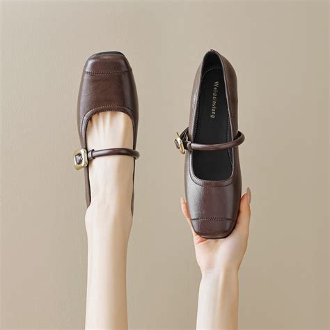 รองเท้าแมรี่เจนวินเทจสไตล์ฝรั่งเศส รองเท้าส้นแบนผู้หญิง หัวสี่เหลี่ยม ปากตื้น สวมใส่สบาย