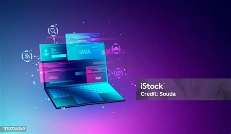 웹 개발 및 프로그래밍 코딩 개념 Seo 최적화 노트북 화면 벡터에 현대 웹 디자인 3차원 형태에 대한 스톡 벡터 아트 및 기타