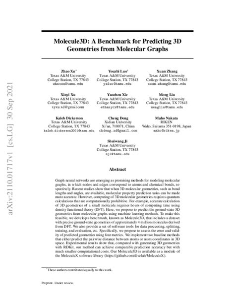 Pdf Molecule3d A Benchmark For Predicting 3d Geometries From Molecular Graphs