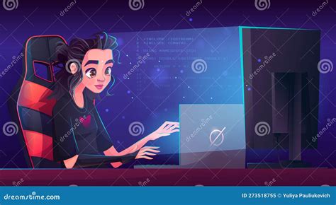 Female Programmer Working On Computer At Night Stock Illustration Illustration Of Office