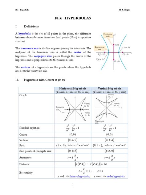 10 3 Hyperbolas I Definitions Pdf Cartesian Coordinate System Asymptote