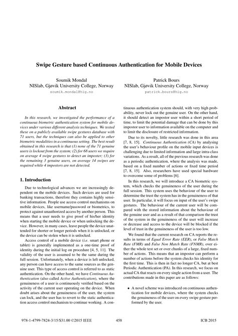 Pdf Swipe Gesture Based Continuous Authentication For Mobile Devices