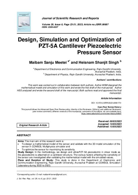 Pdf Design Simulation And Optimization Of Pzt 5a Cantilever Piezoelectric Pressure Sensor