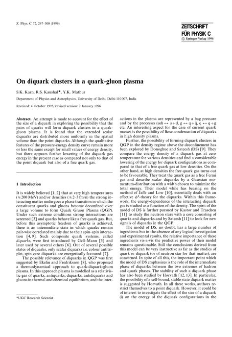 Pdf On Diquark Clusters In A Quark Gluon Plasma