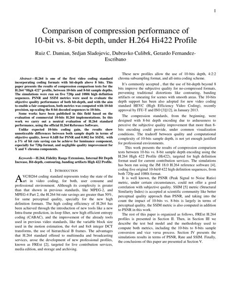 Pdf Comparison Of Compression Performance Of 10 Bit Vs 8 Bit Depth Under H264 Hi422 Profile