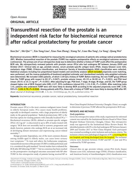 Pdf Transurethral Resection Of The Prostate Is An Independent Risk Factor For Biochemical