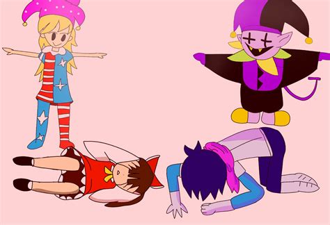 Clownpiece And Jevil T Posing Over Reimu And Kris By Me Scrolller