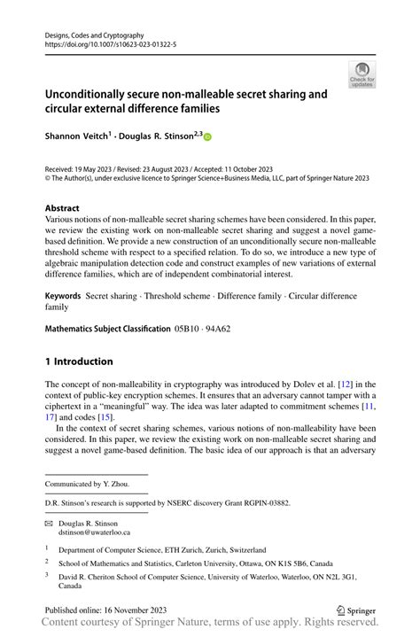 Unconditionally Secure Non Malleable Secret Sharing And Circular External Difference Families