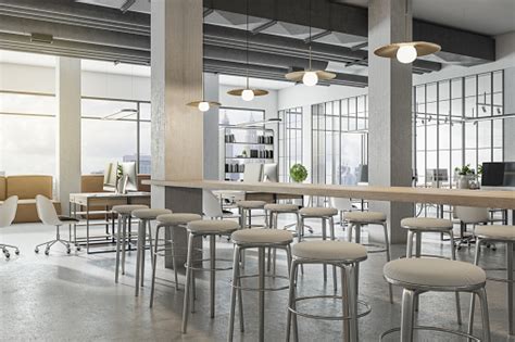 밝은 도시 전망과 콘크리트 바닥으로 새로운 코워킹 오피스 인테리어 디자인 및 직장 스타일 개념 3d 렌더링 0명에 대한 스톡 사진 및 기타 이미지 Istock