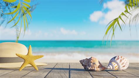 여름 해변 모래와 파도 배경에는 나무 갑판에 조개껍데기가 있고 3d 렌더링이 있다 0명에 대한 스톡 사진 및 기타 이미지 0명 3차원 형태 개념 Istock