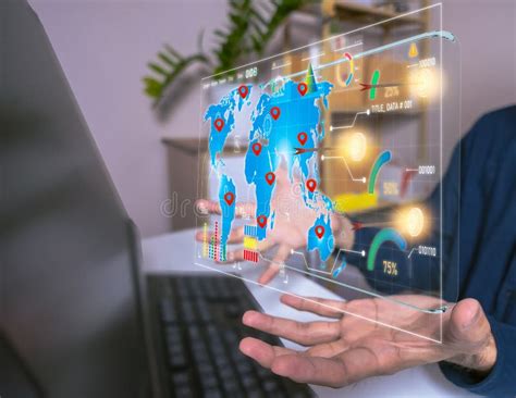 Asian Man Hold Ui Interface Web Map App Cloud Online To Laptop So Finger Touch Online Connect