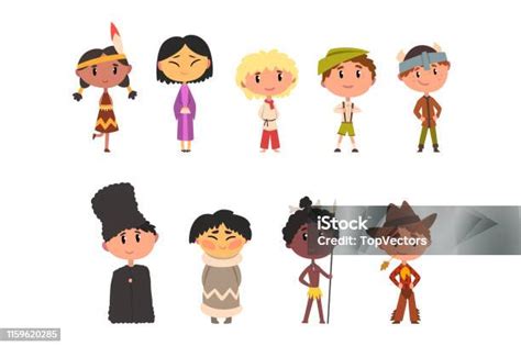 미국 인디언 일본 아메리칸 카우보이 에스키모 러시아어 호주 원주민 독일어 벡터 일러스트의 전통 의상에서 국가 의류 소년과 소녀 만화 캐릭터의 아이 국가 관광명소에 대한 스톡