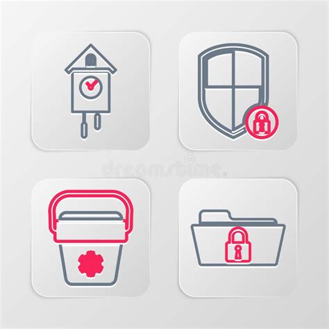 Set Line Folder And Lock Cooler Bag Shield Security With And Retro Wall Watch Icon Vector