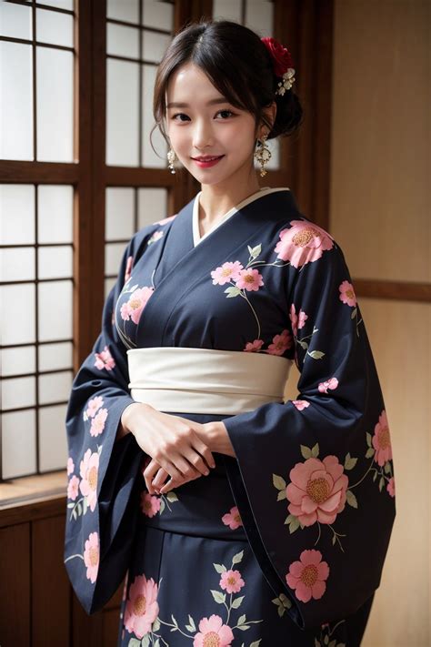 Ai로 생성한 남색 계열 기모노 입은 여자 사진 생성하기 成人式 髪型 着物 ポーズ 女性