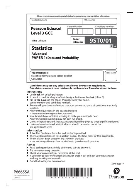 Pearson Edexcel Level GCE Statistics Advanced PAPER Data And Probability Question Booklet
