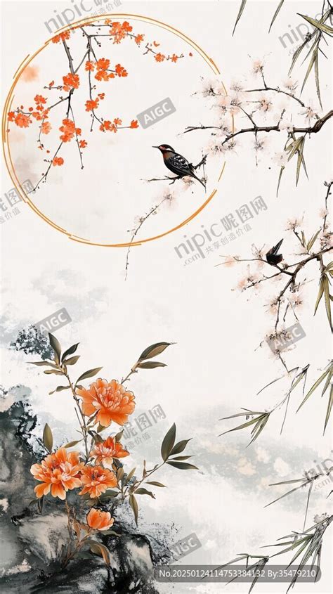 Ai创作图古风古典梅花花鸟 新中式山水梅花花鸟 古风花鸟背景 古风古典花鸟背景 喜上眉梢背景 古典古风花鸟背景 中式水墨花鸟山水 古风古典山水花鸟 手绘春天古风花卉背景 复古梅兰竹菊 新中式