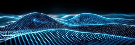 A Visually Stunning Digital Landscape Featuring Glowing Blue Waves And Dots Representing Data