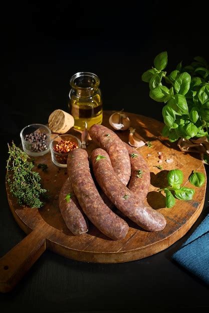 Premium Photo Uncooked Raw Beef And Pork Sausage Sausages And Spices