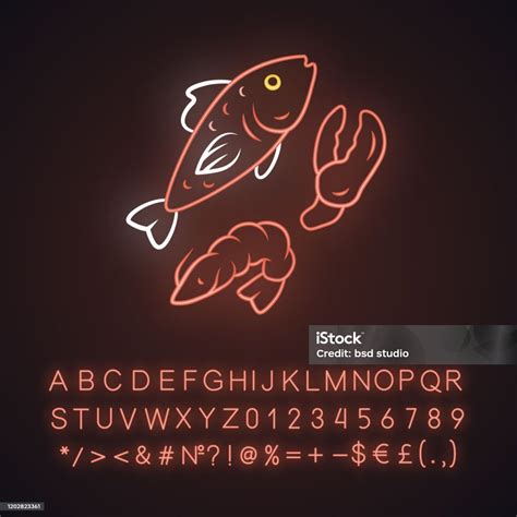 해산물 네온 라이트 아이콘입니다 오메가 3 소스 제품 미식가 식사 건강한 음식 알파벳 숫자 및 기호와 빛나는 기호 물고기 새우와 랍스터 발톱 벡터 고립 된 그림 3에 대한