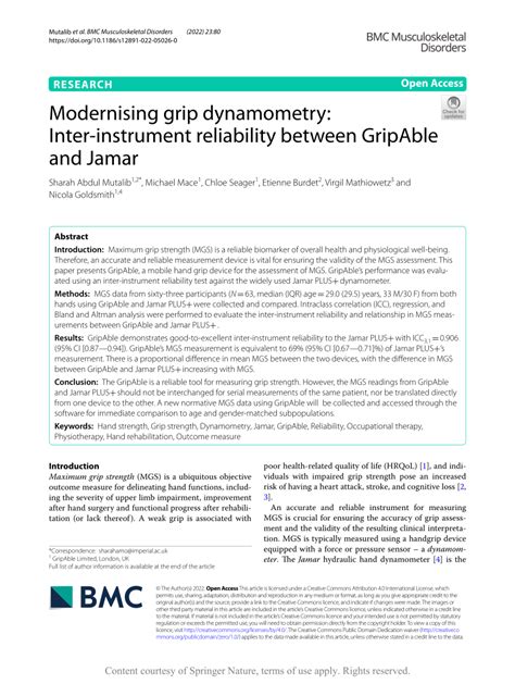 Pdf Modernising Grip Dynamometry Inter Instrument Reliability Between Gripable And Jamar