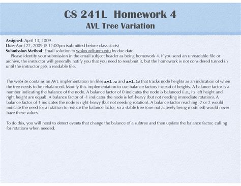 Avl Tree Variation Homework 4 Cs 241l Docsity