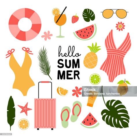 귀여운 여름 아이콘 세트입니다 열대 야자수 잎 과일 수영복 음료 여름 포스터 스크랩북 요소 벡터 일러스트 레이 션입니다 귀여운에 대한 스톡 벡터 아트 및 기타 이미지