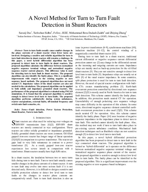 Pdf A Novel Method For Turn To Turn Fault Detection In Shunt Reactors