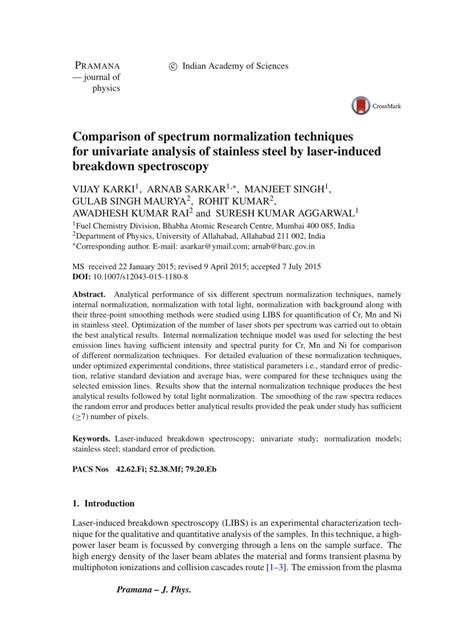 Pdf Comparison Of Spectrum Normalization Techniques For Uni Variate Analysis Of Stainless
