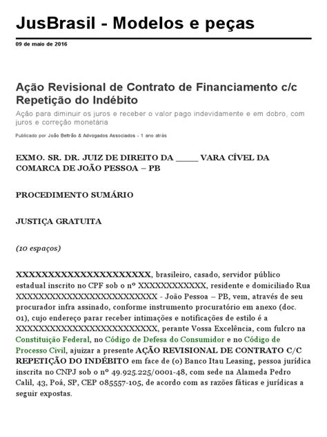 Ação Revisional De Contrato De Financiamento C C Repetição Do