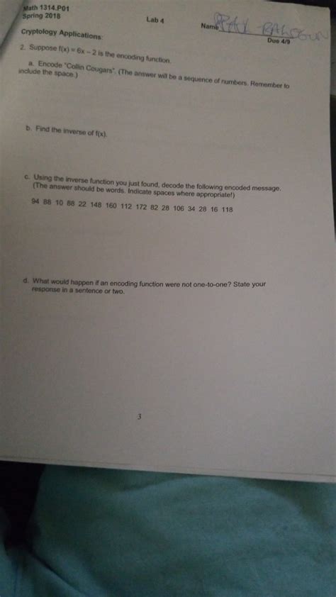 Solved Math 1314p01 Lab 4 Spring 2018 Cryptology