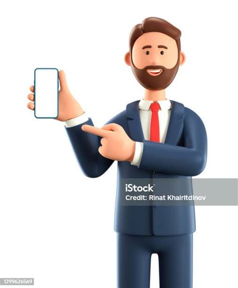 스마트 폰을 들고 빈 화면을 보여주는 수염 남자의 3d 그림 흰색으로 고립된 빈 디스플레이 폰에서 손가락을 가리키는 만화 웃는 사업가의 초상화를 닫습니다 3차원 형태에 대한