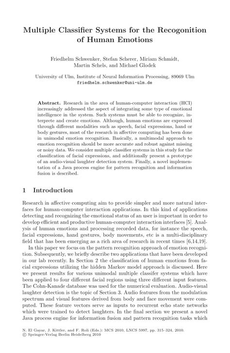 Pdf Multiple Classifier Systems For The Recogonition Of Human Emotions