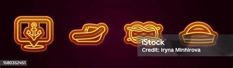 선 닻 모터를 가진 팽창식 배 항해 밧줄 매듭 및 선원 모자를 놓으십시오 빛나는 네온 아이콘입니다 벡터 고무에 대한 스톡 벡터 아트 및 기타 이미지 Istock