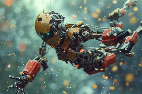 Futuristic Robot In Dynamic Pose Amidst Sparkling Particles Stock Image