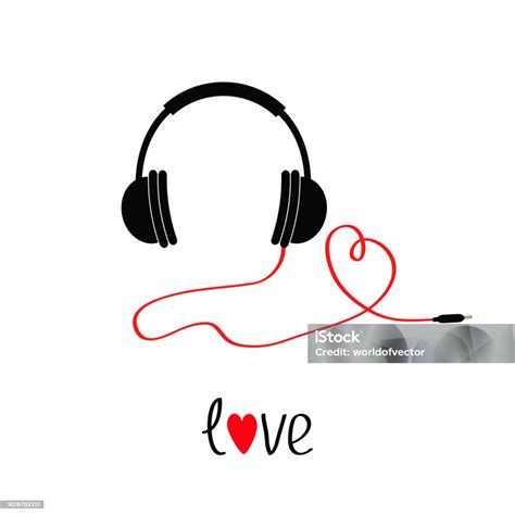 헤드폰 및 심장의 모양에 빨간색 코드입니다 검정 텍스트 사랑입니다 평면 디자인 아이콘입니다 흰색 배경입니다 절연 가득 찬에 대한 스톡 벡터 아트 및 기타 이미지 Istock
