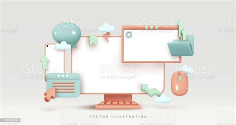 화면 장치 모형 데스크톱 컴퓨터 빈 화면 모니터를 모의하십시오 휴대 전화 및 태블릿 창조적 인 비즈니스 개념 아이디어 현실적인 3d 디자인 아이콘 메시지 대화 상자 파일