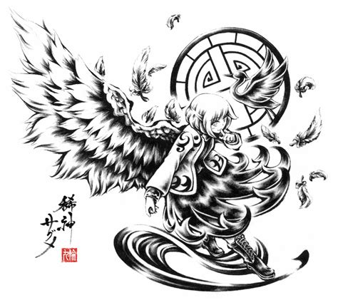 Safebooru 1girl Angel Wings Boots Bow Braid Calligraphy Brush Medium